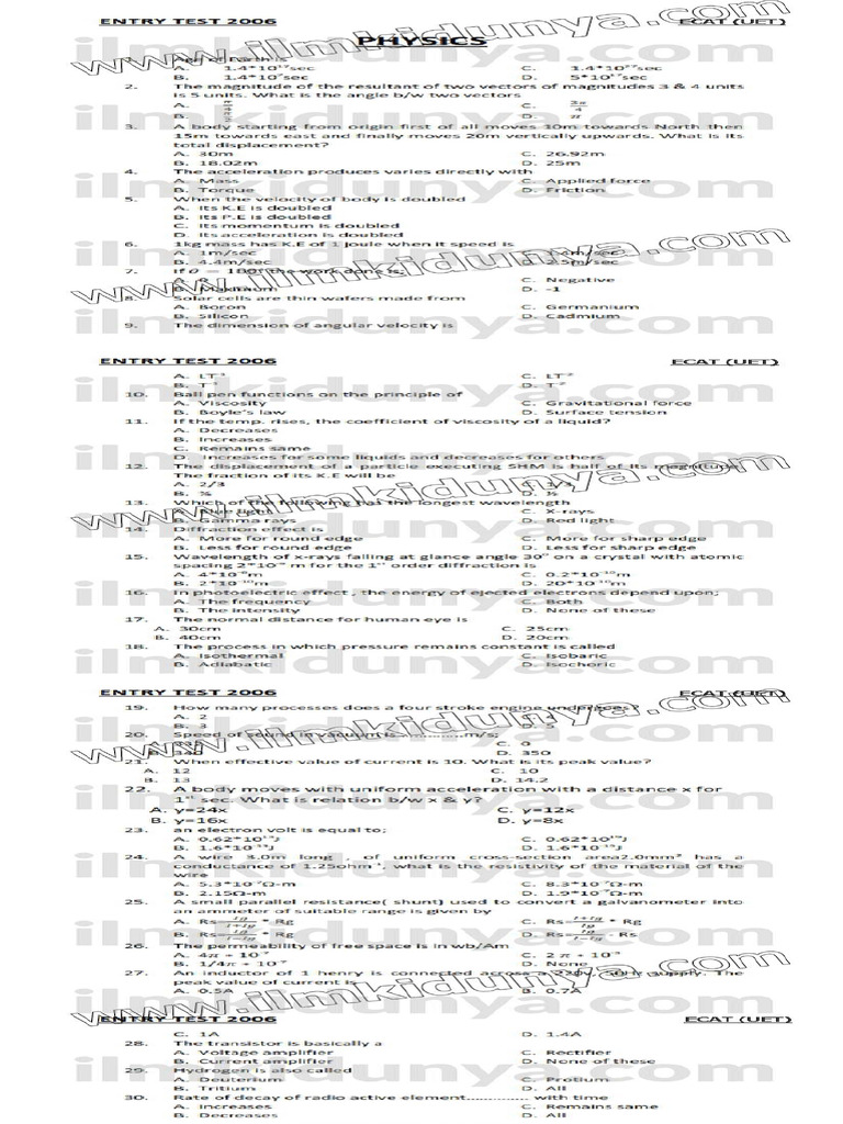 UET Lahore ECAT Entrance Test 2006 Physics | PDF