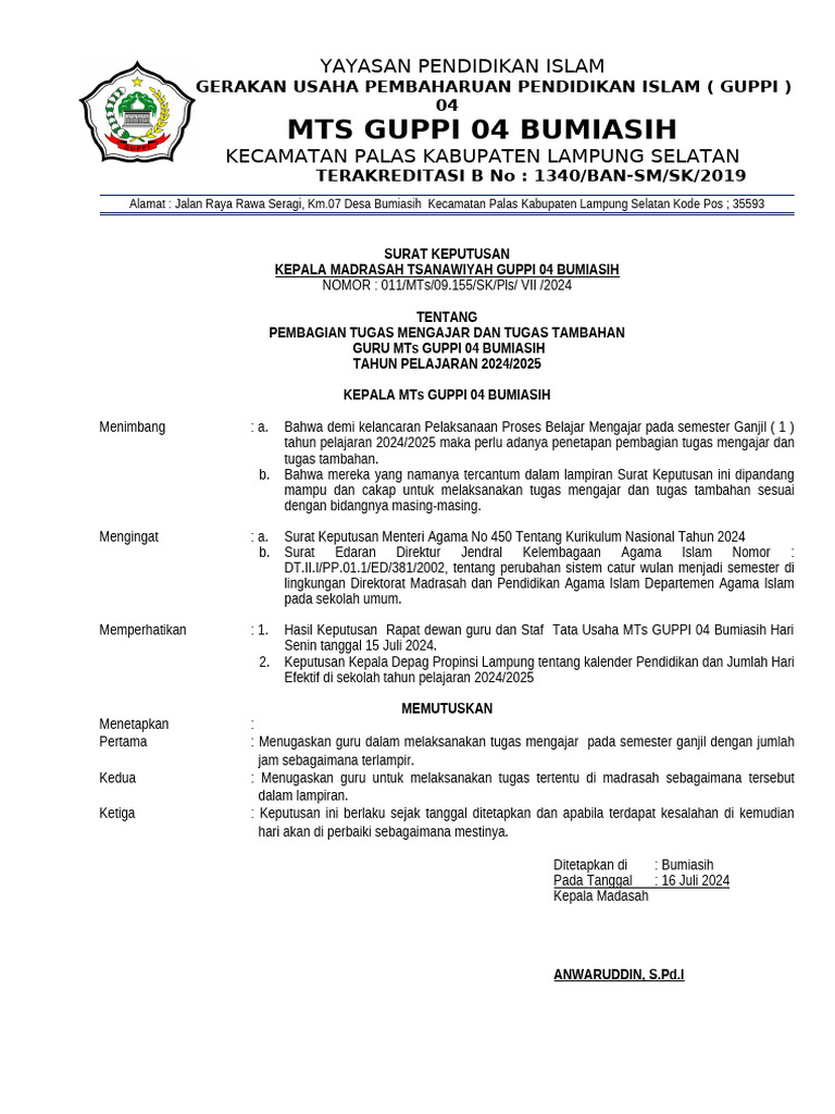 SK Pembagian Tugas Guru GANJIL KERTAS - A4 | PDF