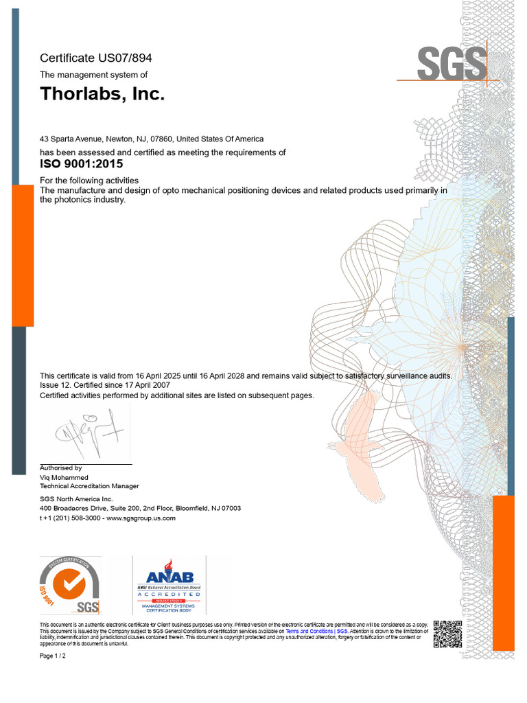 Thorlabs Current ISO Certificate | PDF