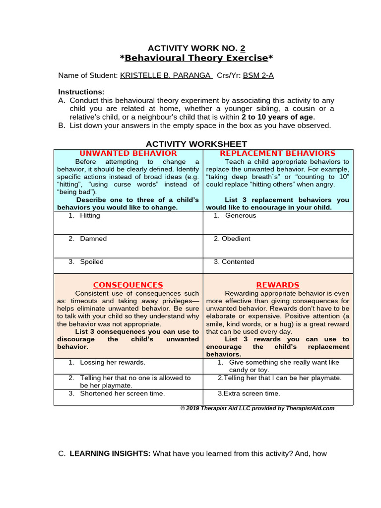 ACTIVITY WORK No. 02 Behavioral Theory Exercise | PDF | Behavior ...