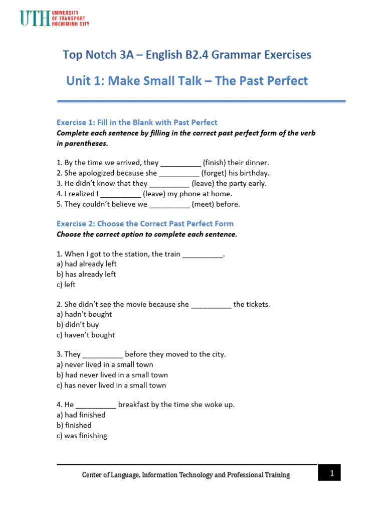 Session 4 - Unit 1 - Grammar - The Past Perfect Exercise | PDF | Perfect (Grammar) | Language ...