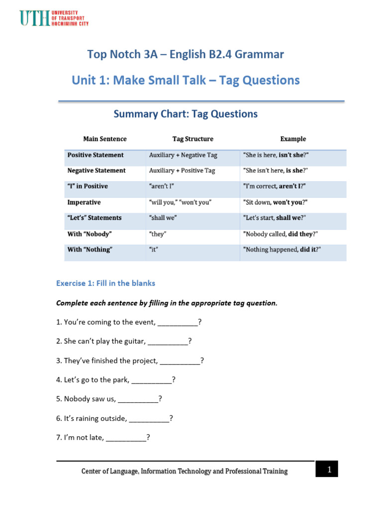 Session 4 - Unit 1 - Grammar - Tag Questions Exercise | PDF | Language ...