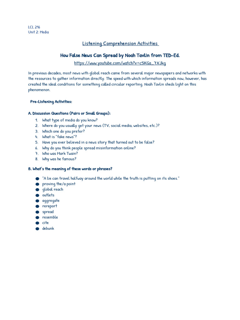 Listening Worksheet Intermediate English | PDF | Human Communication ...