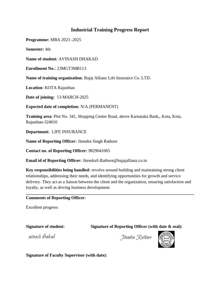 Industrial Training Progress Report | PDF