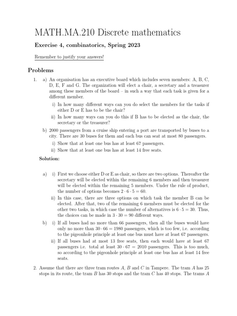 Exercise 4, Combinatorics - Solutions | PDF | Bus | Mathematics