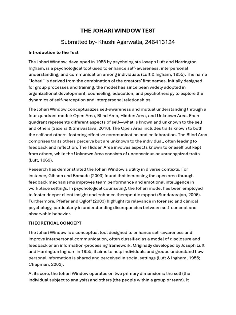 The Johari Window Test | PDF | Self Awareness | Psychotherapy