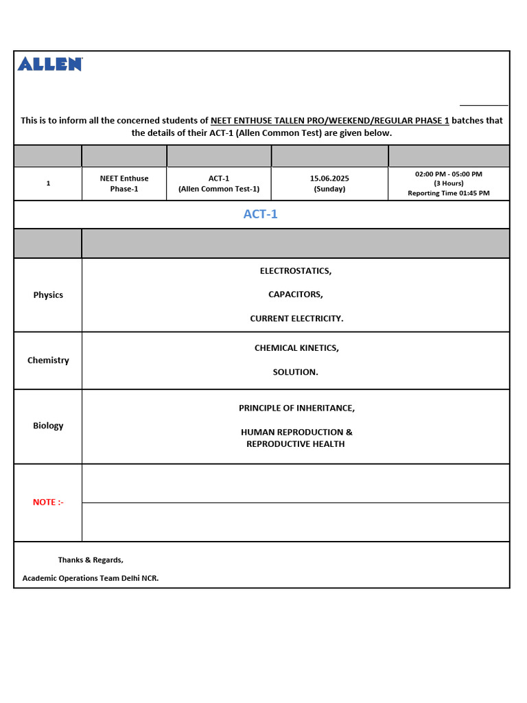 Allen Common Test (ACT) - 2 Notice of NEET Enthuse Phase-1, 15 June ...