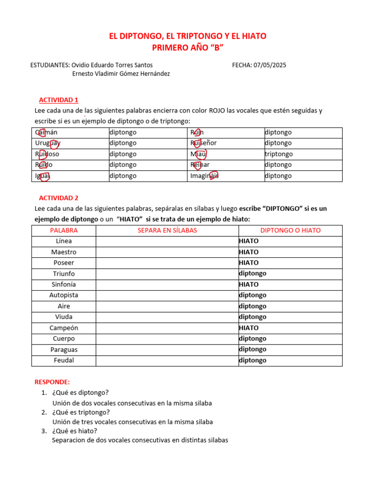 Diptongos y Hiatos en Palabras | PDF