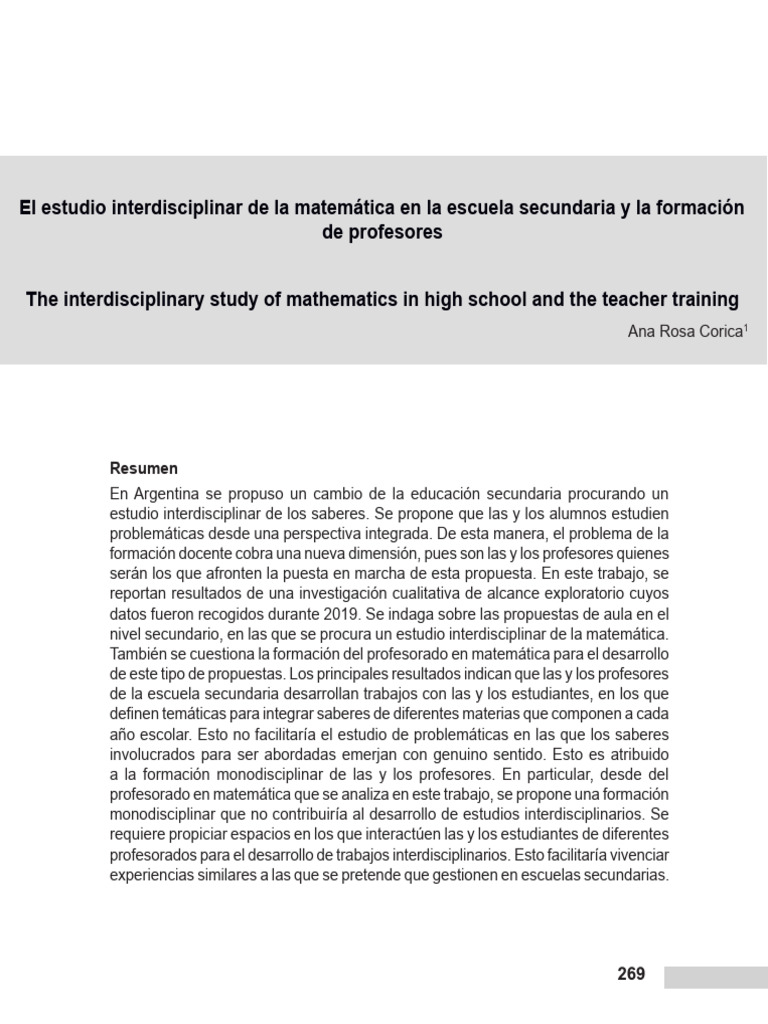 El Estudio Interdisciplinar de La Matemática en La Escuela Secundaria y La Formación de ...