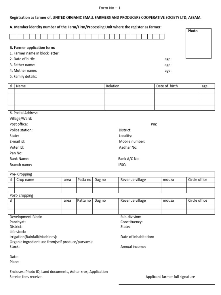 Farmer Registration Form for Assam Co-op | PDF