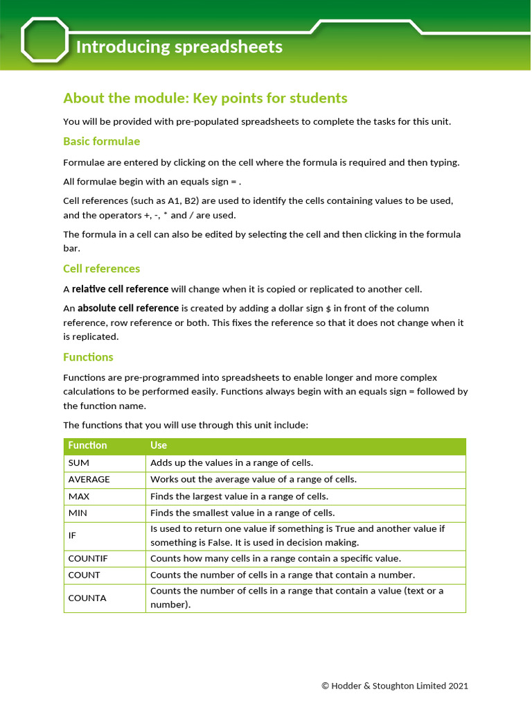 Key Points For Students - Microsoft Excel - Introducing Spreadsheets ...