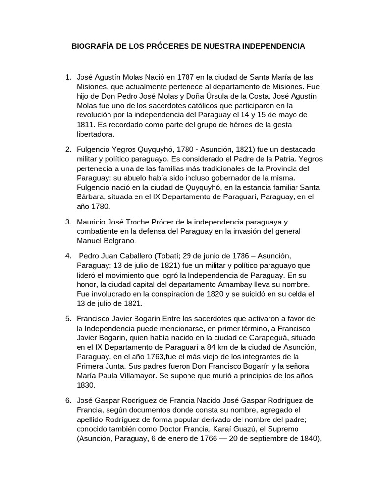 Biografía de Los Próceres de Nuestra Independencia | PDF