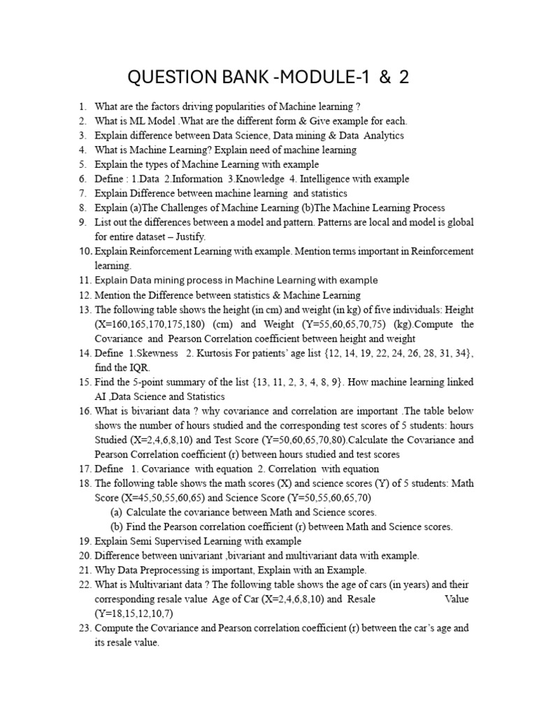 QUESTION BANK Module 1 & Half 2 | PDF | Machine Learning | Covariance