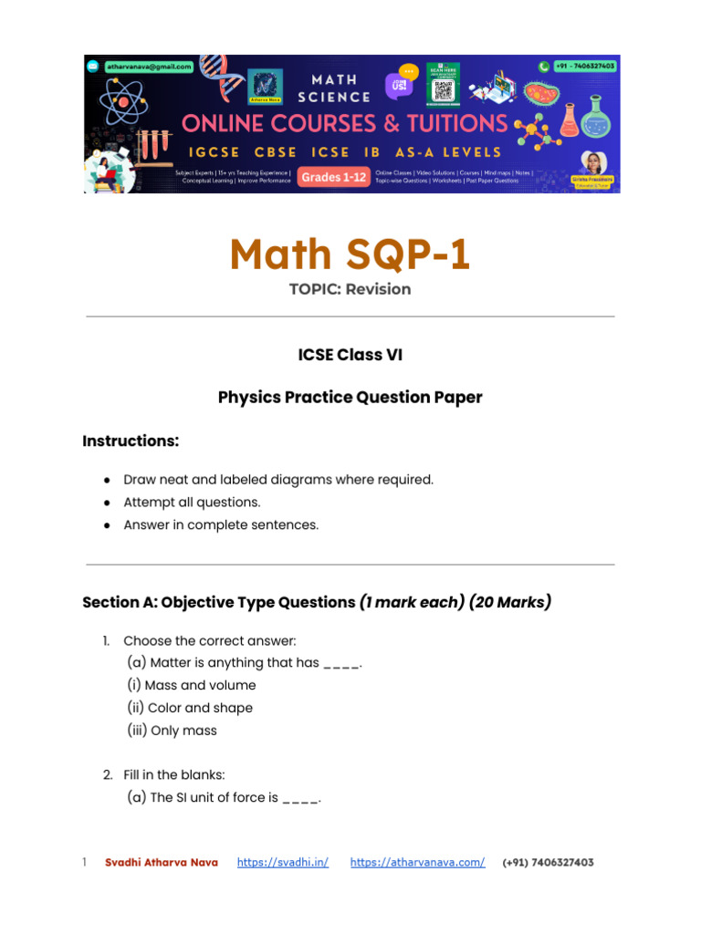 Grade 6, Physics SQP-1 - Revision | PDF | Lever