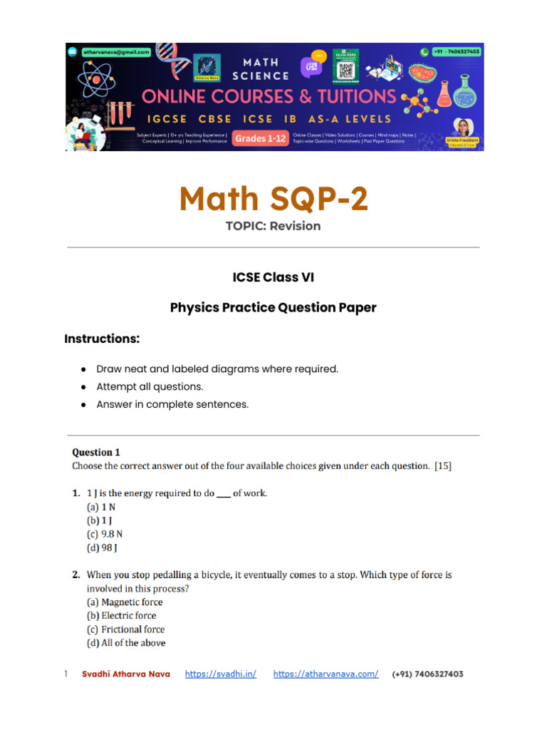Grade 6, Physics SQP-2 - Revision | PDF