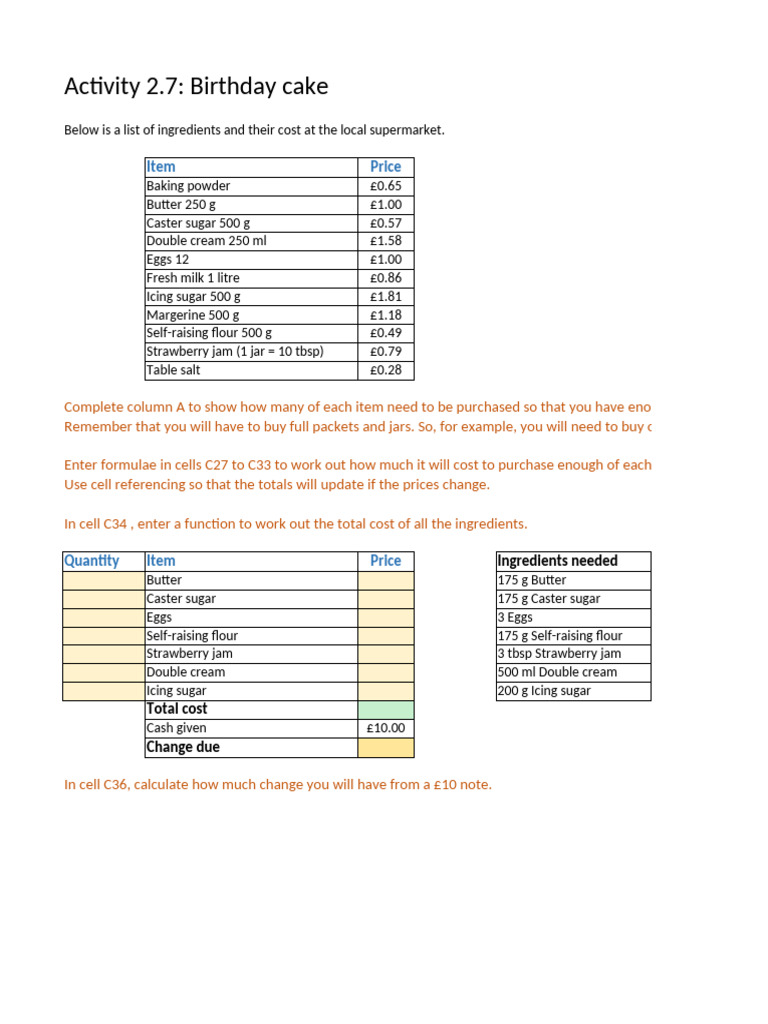 Microsoft Excel Workbook 2.7 - Introducing Spreadsheets | PDF | Cakes ...