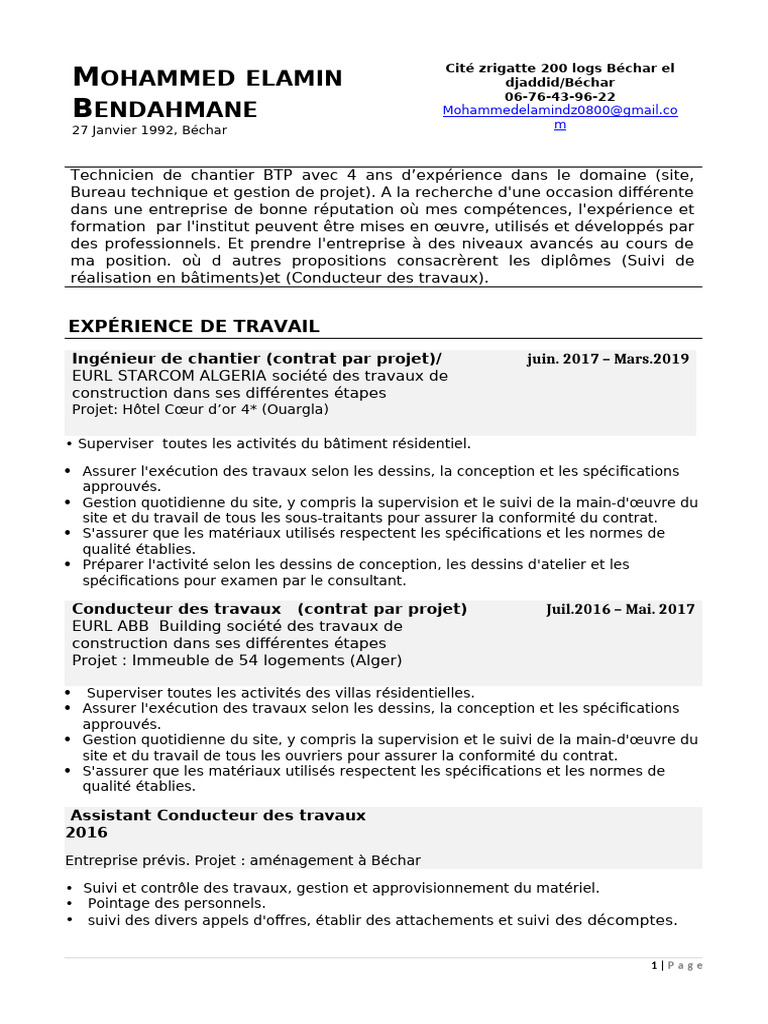 Technicien BTP avec 4 ans d'expérience | PDF | Gestion de projet