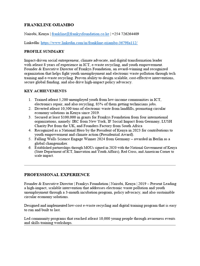 CV - Frankline Ojiambo and Caloo Fredrick | PDF | Accounts Payable | Electronic Waste