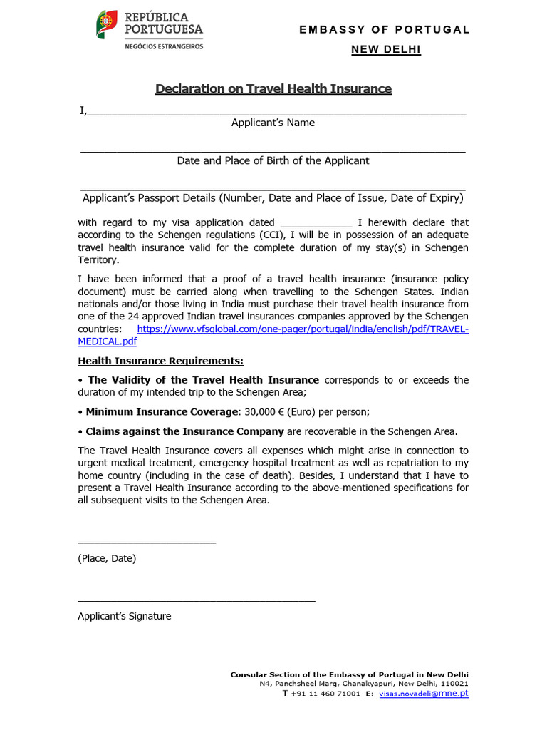 Travel Health Insurance Declaration Form | PDF