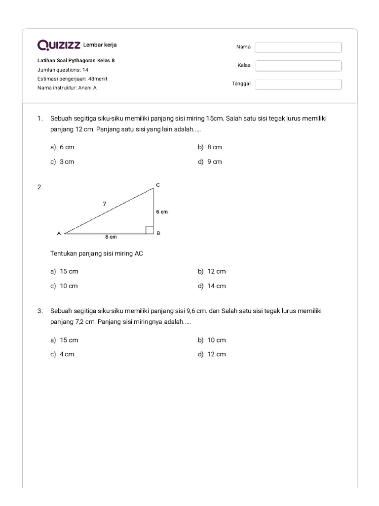 Latihan Soal Pythagoras Kelas 8 - Quizizz | PDF