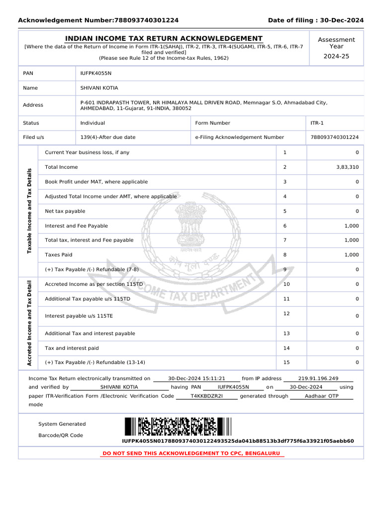 Ackno Shivani Kotia 2023-24 | PDF | Taxes | Income Tax