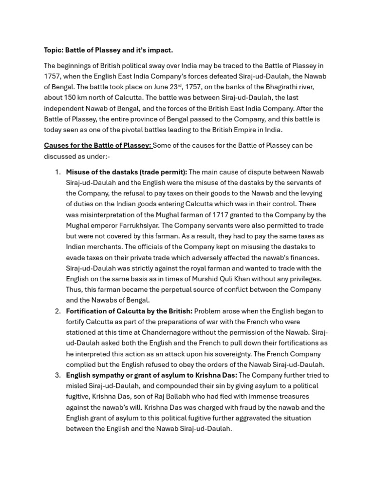 Causes and Impact of the Battle of Plassey | PDF | Bengal