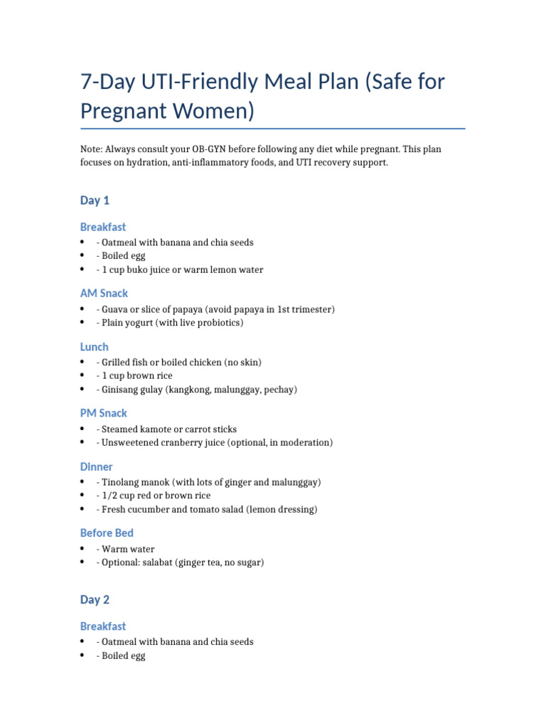 7-Day UTI Meal Plan for Pregnant Women | PDF | Lunch | Meal