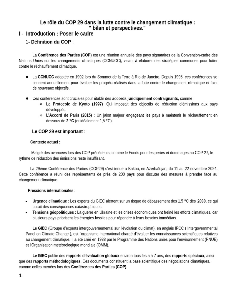 COP 29 : Bilan et enjeux climatiques clés | PDF | Changement climatique ...