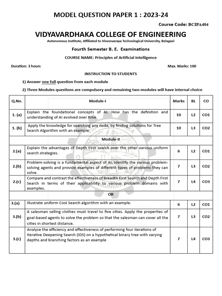 Model Question Paper1 - Pai | PDF | Artificial Intelligence | Intelligence (AI) & Semantics