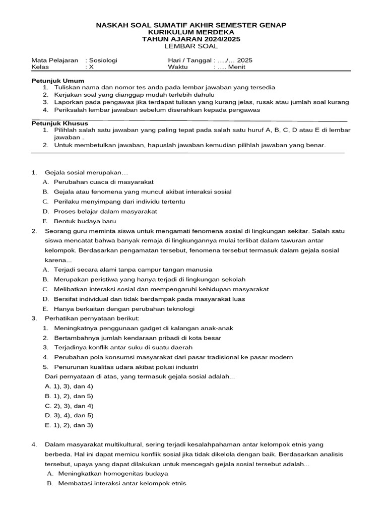 Sosiologi Genap 2025 Kelas X Kumer Soal | PDF