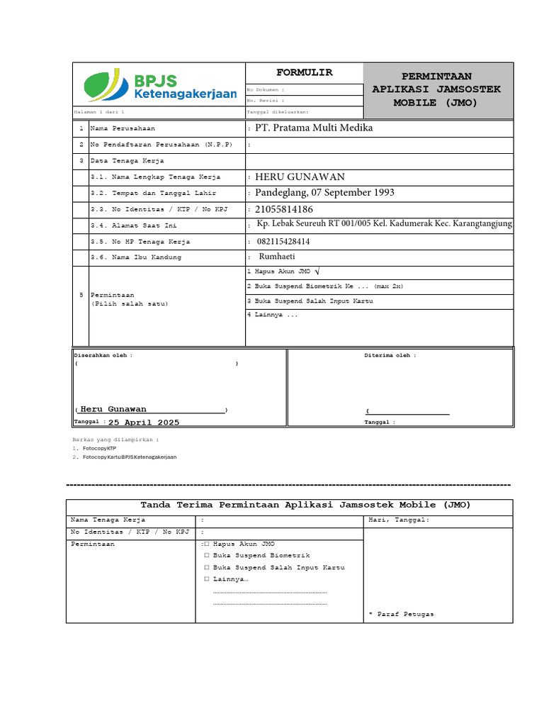 Formulir Permintaan Layanan Jmo | PDF