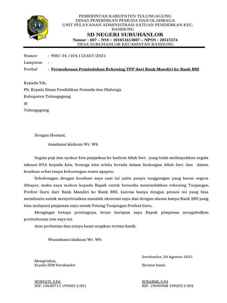 Surat Permohonan Pemindahan Rekening | PDF