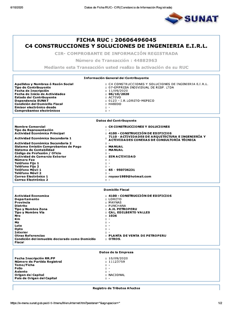 Ficha Ruc - C4 Construcciones | PDF