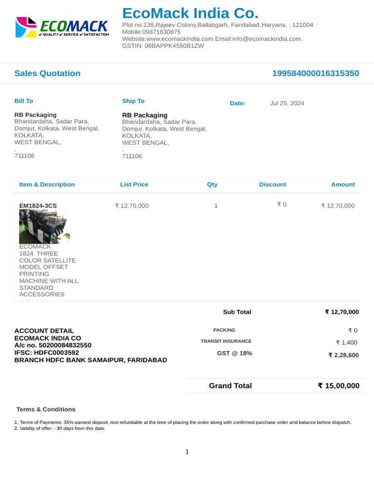 Offset Printing Machine Quotation | PDF | Receipt | Business