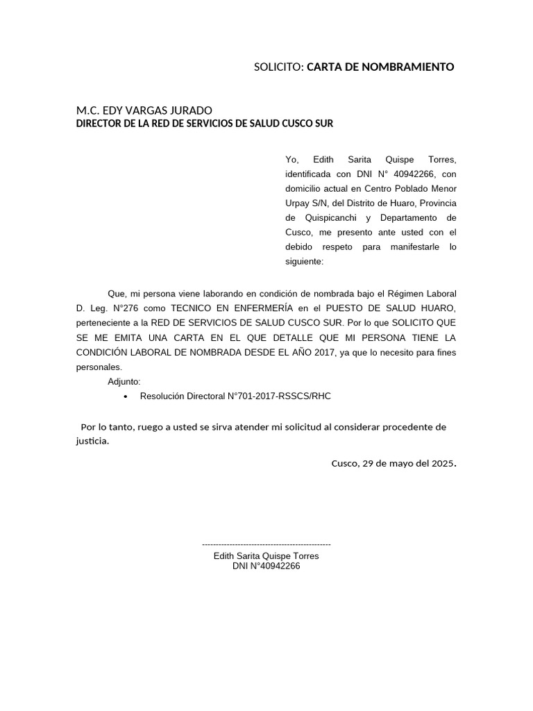 SOLICITUD DE Carta de Nombramiento | PDF