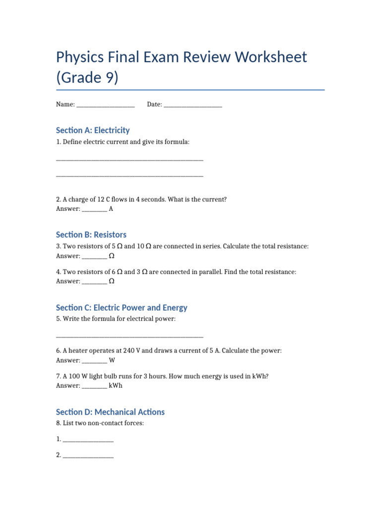 Grade 9 Physics Review Worksheet | PDF