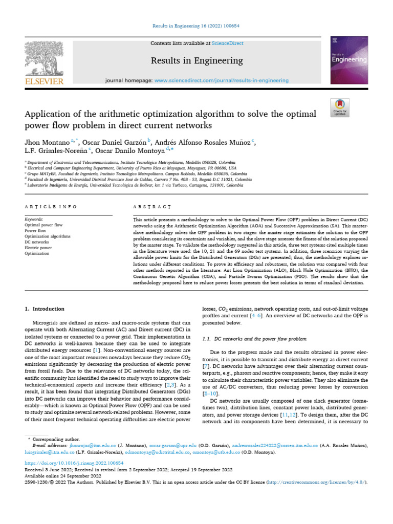 Application of The Arithmetic Optimization Algorithm To Solv 2022 Results in | PDF ...