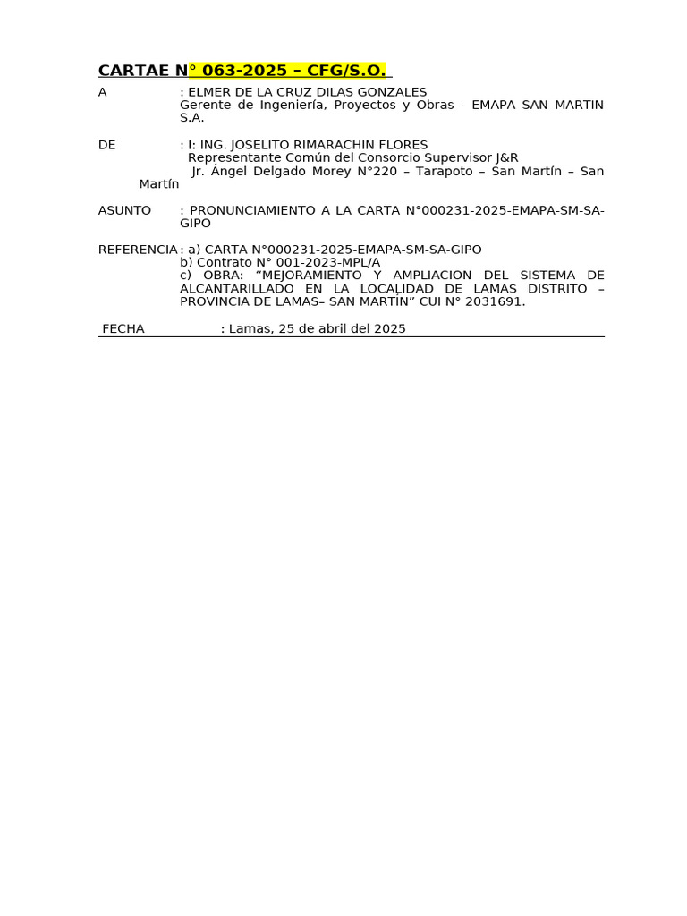 Carta Apalzamiento de Lo Solicitado Por Emapa | PDF