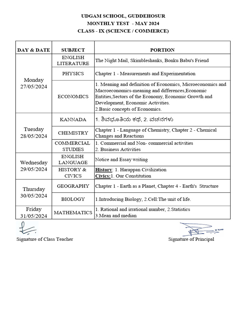 May 2024 Monthly Test Schedule | PDF