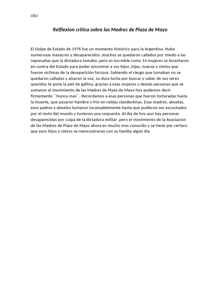 Relflexion Critica Sobre Las Madres de Plaza de Mayo | PDF
