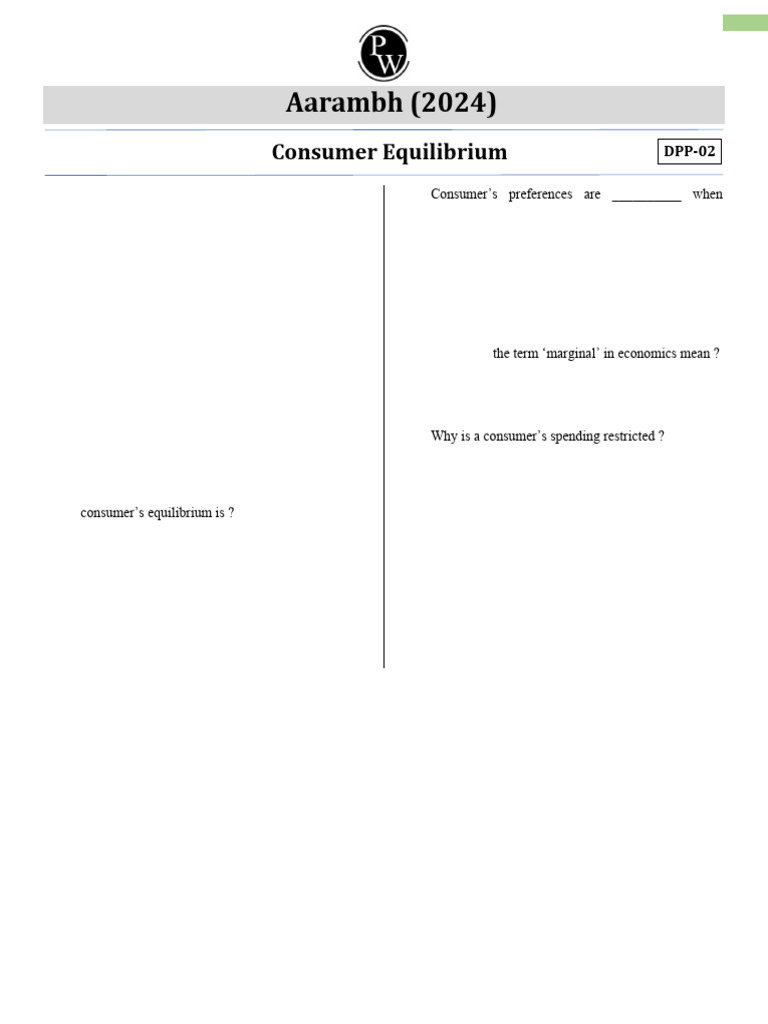 6458a5b5991df500184b84e2 ## Consumer Equilibrium DPP 02 Aarambh | PDF ...