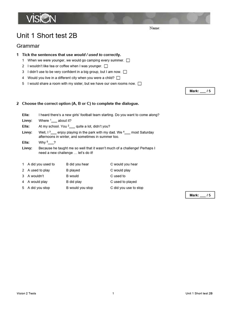 U1 Short Test 2B Lessons 5-8 | PDF