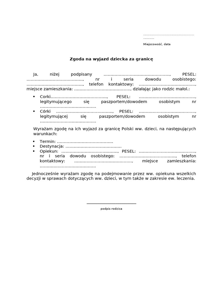 Zgoda Na Wyjazd Dziecka Za Granice Z Jednym Z Rodzicow Wzor 1 | PDF