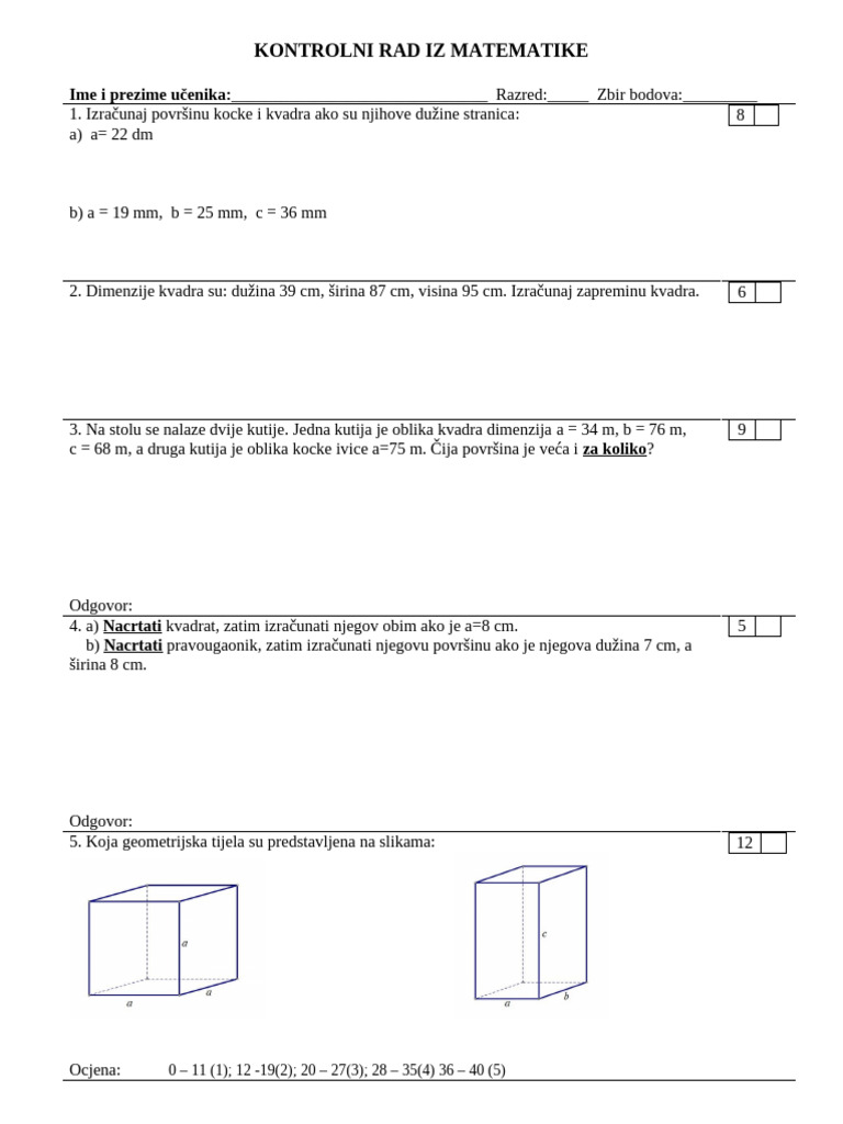 Povrsina Kocke I Kvadra Test | PDF