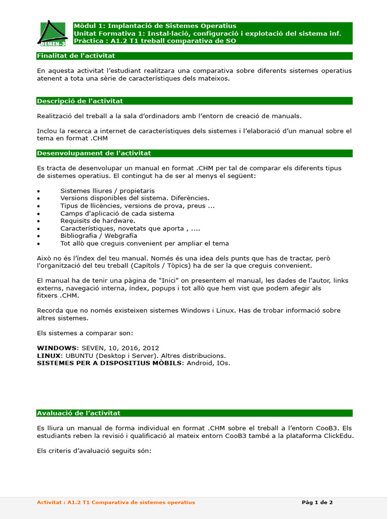 A1.2 T1 Comparativa de Sistemes Operatius | PDF