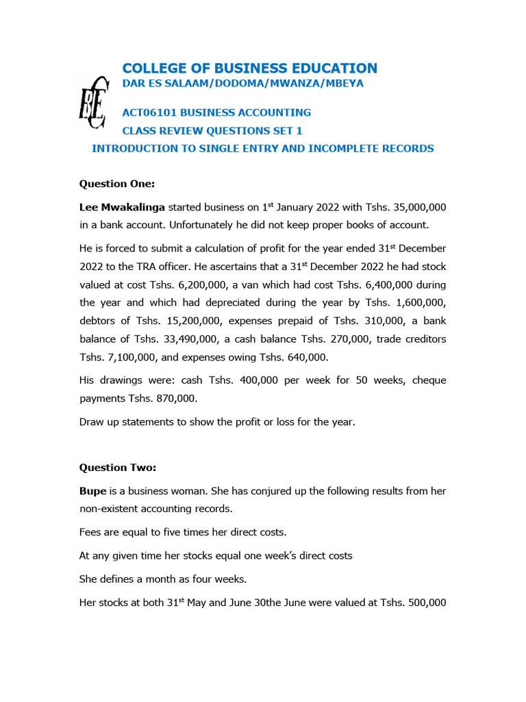 Single Entry Review Questions Set 01. | PDF | Depreciation | Expense