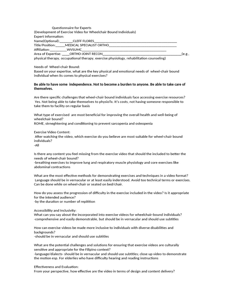 Questionnaire For Experts CFLORES | PDF | Wheelchair | Physical Therapy