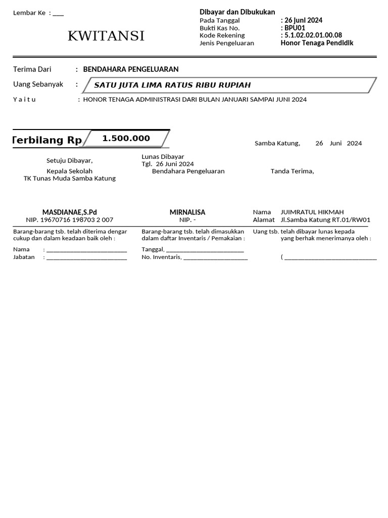 NCR Bpu 01 Honor Tendik 6 BLN | PDF