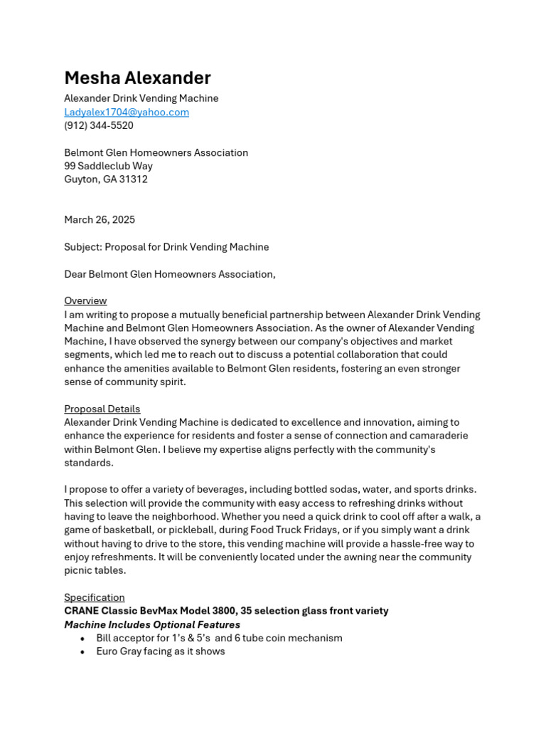 Mesha Alexander Vending Machine Proposal | PDF | Vending Machine