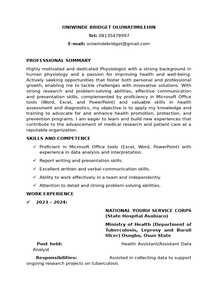 Bridget's New CV Re | PDF